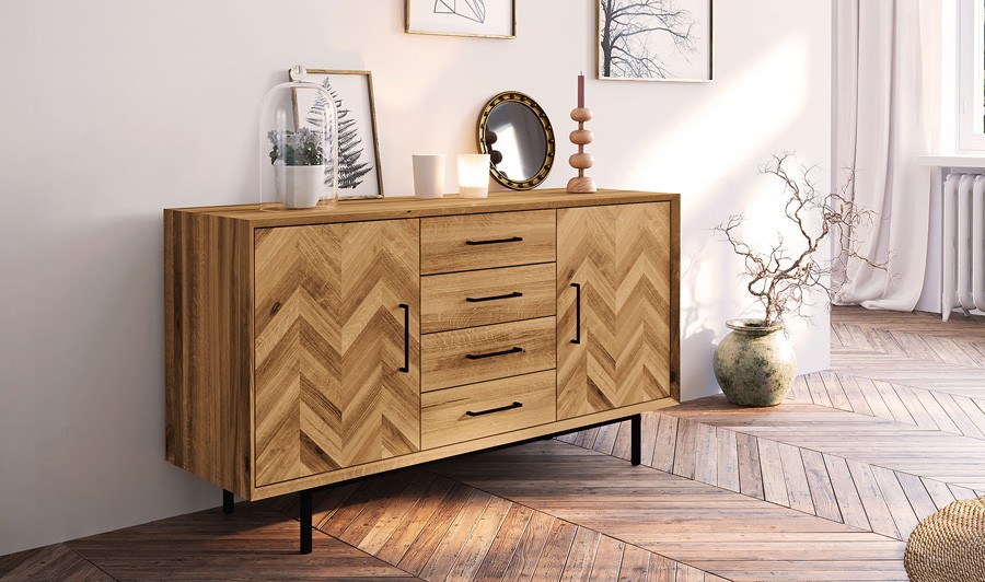 Grand buffet en chêne massif contemporain 2 portes et 4 tiroirs - Celia