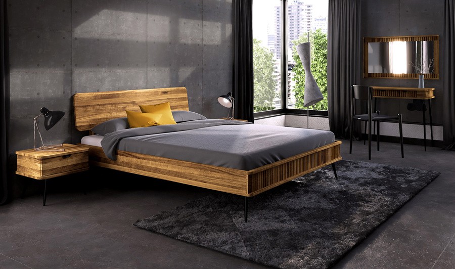 Lit design avec tête de lit en chêne massif - Tempo