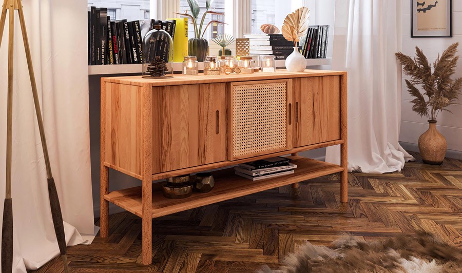 Bahut bas en bois massif hêtre et rotin Olgana - House and Garden