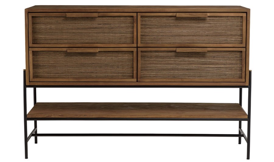 Buffet en teck recyclé et tissage de cocotier 4 tiroirs - Thekku