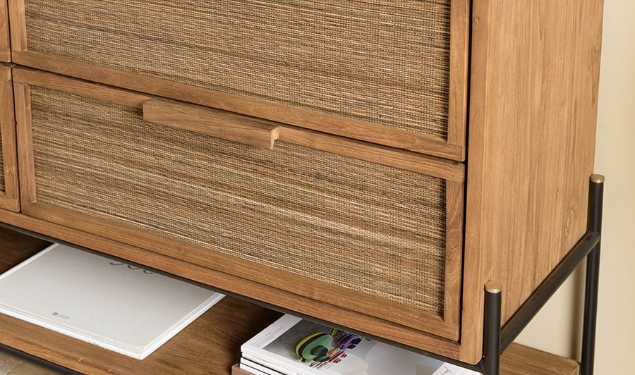 Buffet en teck recyclé et tissage de cocotier 4 tiroirs - Thekku