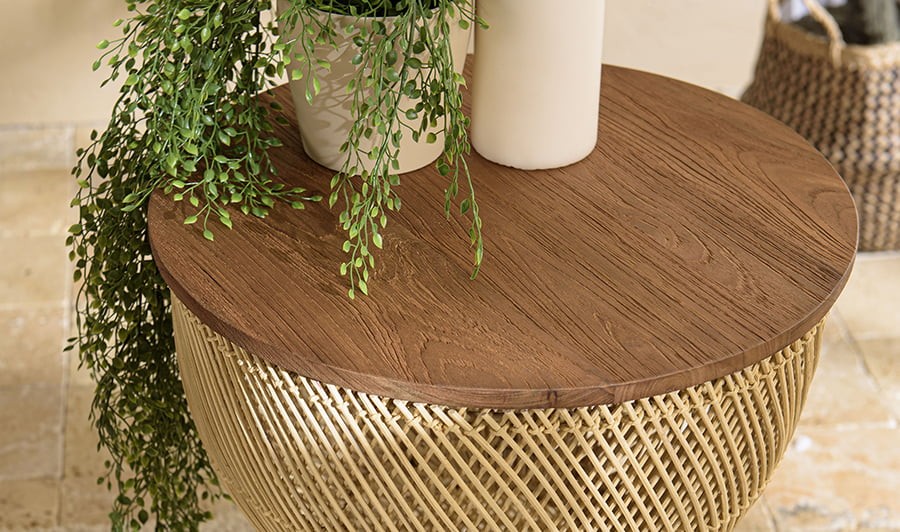 Table d'appoint en forme sablier rotin beige et plateau amovible - Thekku