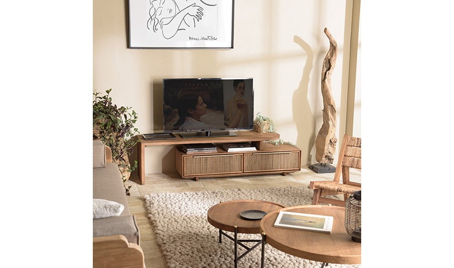 Meuble TV modulable avec double tiroir en teck recyclé - Thekku