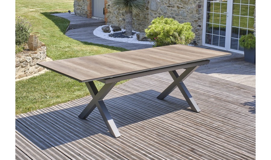 Ensemble de repas de jardin FLORIDE en HPL imitation bois et 8 fauteuils aluminium gris Anthracite